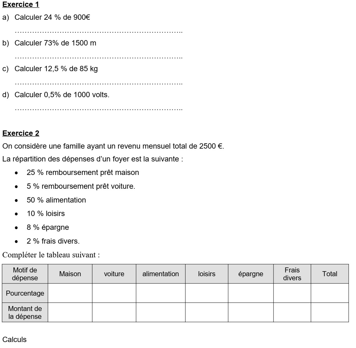Mathématiques: Exercices corrigé sur les pourcentages